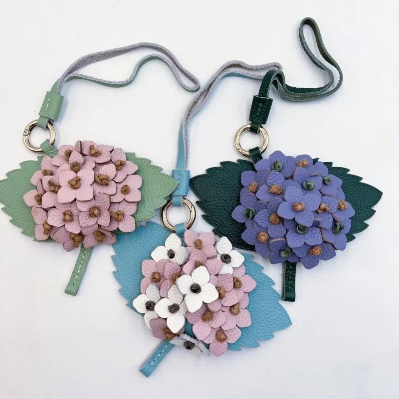 Hydrangea Blossom Leather Bag Charm – Handcrafted Full-Grain Leather F ...
