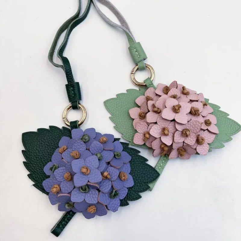 Hydrangea Blossom Leather Bag Charm – Handcrafted Full-Grain Leather F ...