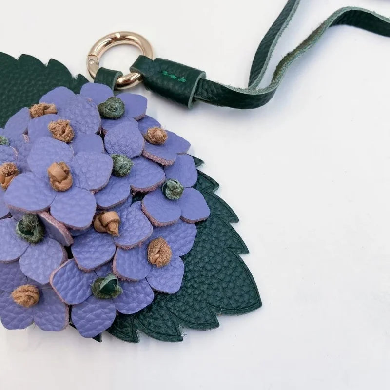 Hydrangea Blossom Leather Bag Charm – Handcrafted Full-Grain Leather F ...