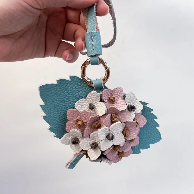 Hydrangea Blossom Leather Bag Charm – Handcrafted Full-Grain Leather F ...