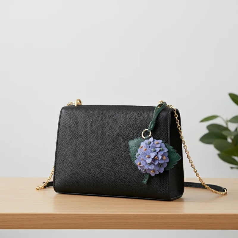 Hydrangea Blossom Leather Bag Charm – Handcrafted Full-Grain Leather F ...