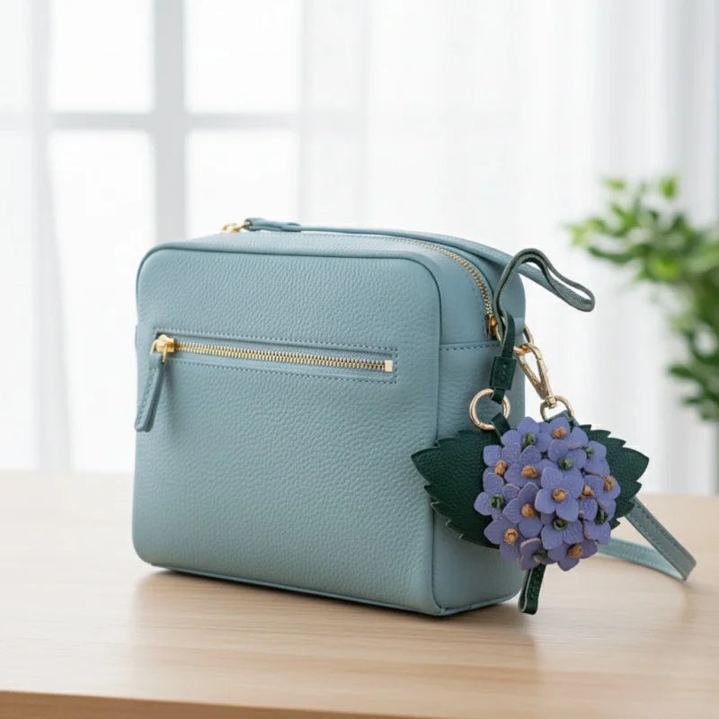 Hydrangea Blossom Leather Bag Charm – Handcrafted Full-Grain Leather F ...