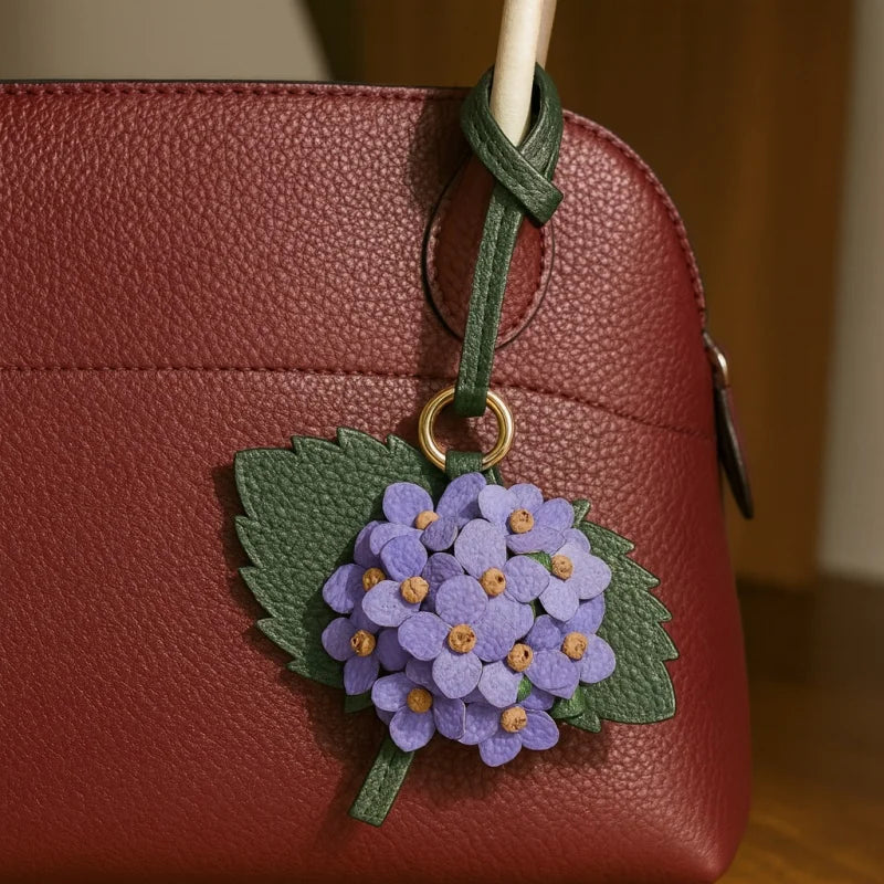 Hydrangea Blossom Leather Bag Charm – Handcrafted Full-Grain Leather F ...